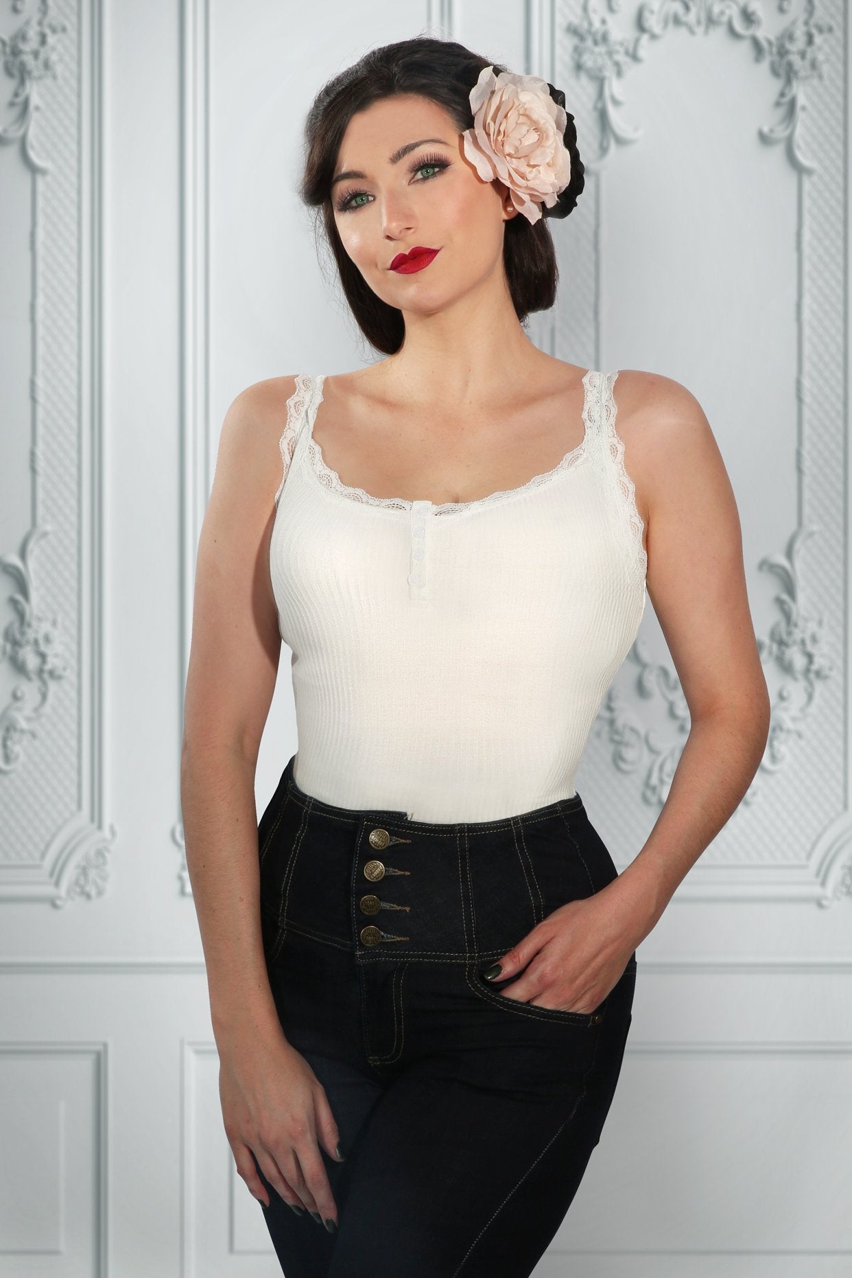 Buy D'Amour Lace Trim Singlet in Off White - Kitten D'Amour